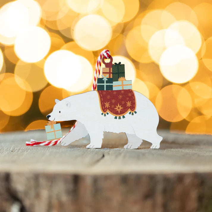 Polar Bear with Presents Wooden Christmas Decoration The Bee s Knees British Imports
